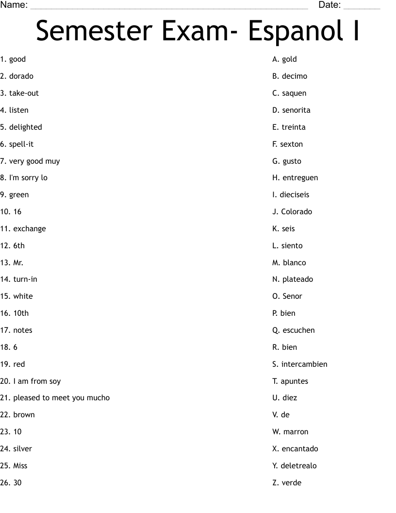 Semester Exam- Espanol I Worksheet - WordMint
