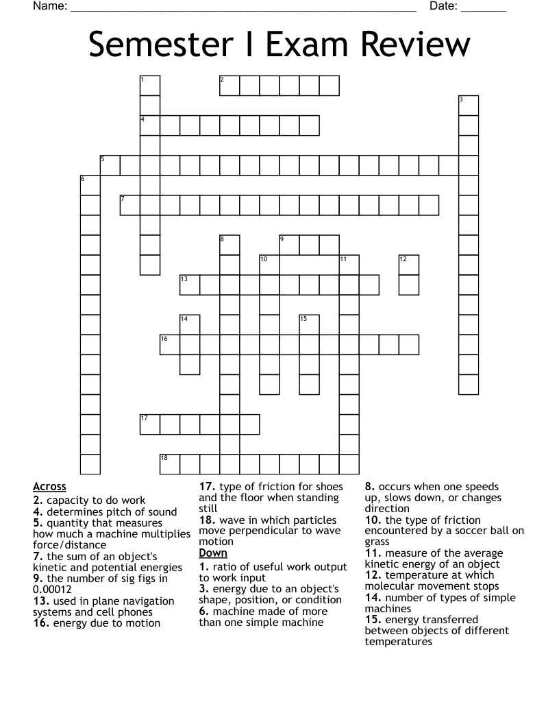 Semester I Exam Review Crossword - WordMint