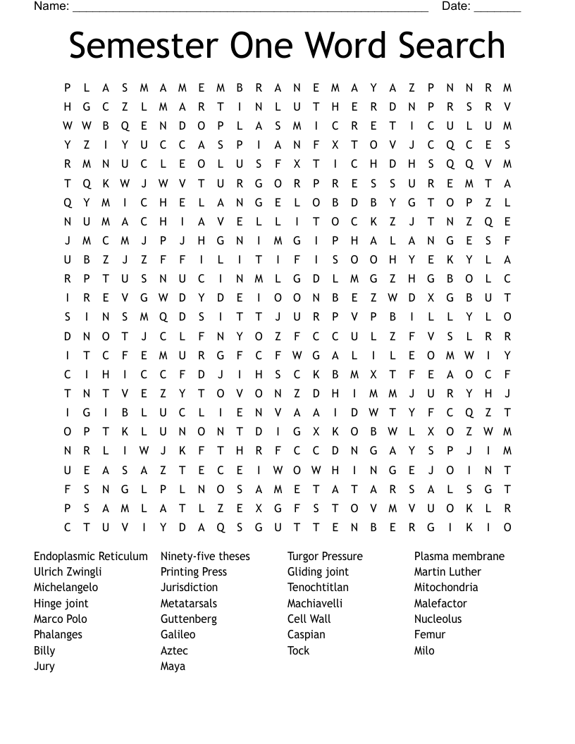 Semester One Word Search - WordMint