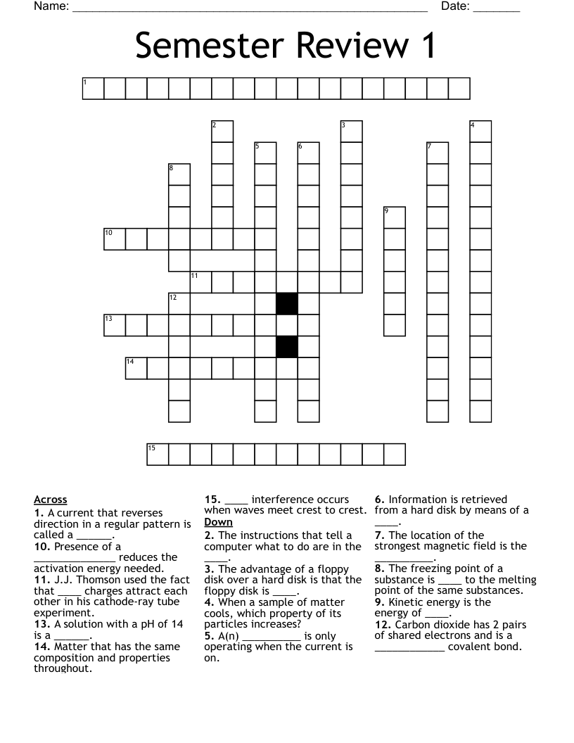 Semester Review 1 Crossword - WordMint