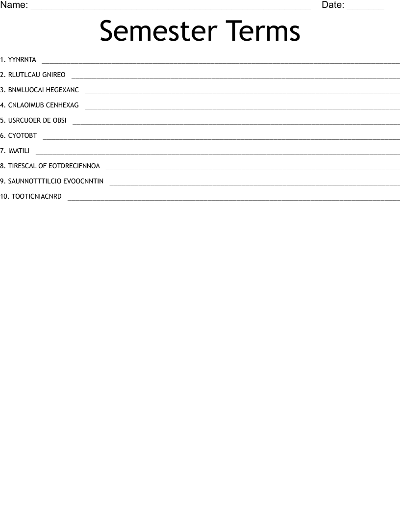 Semester Terms Word Scramble - WordMint