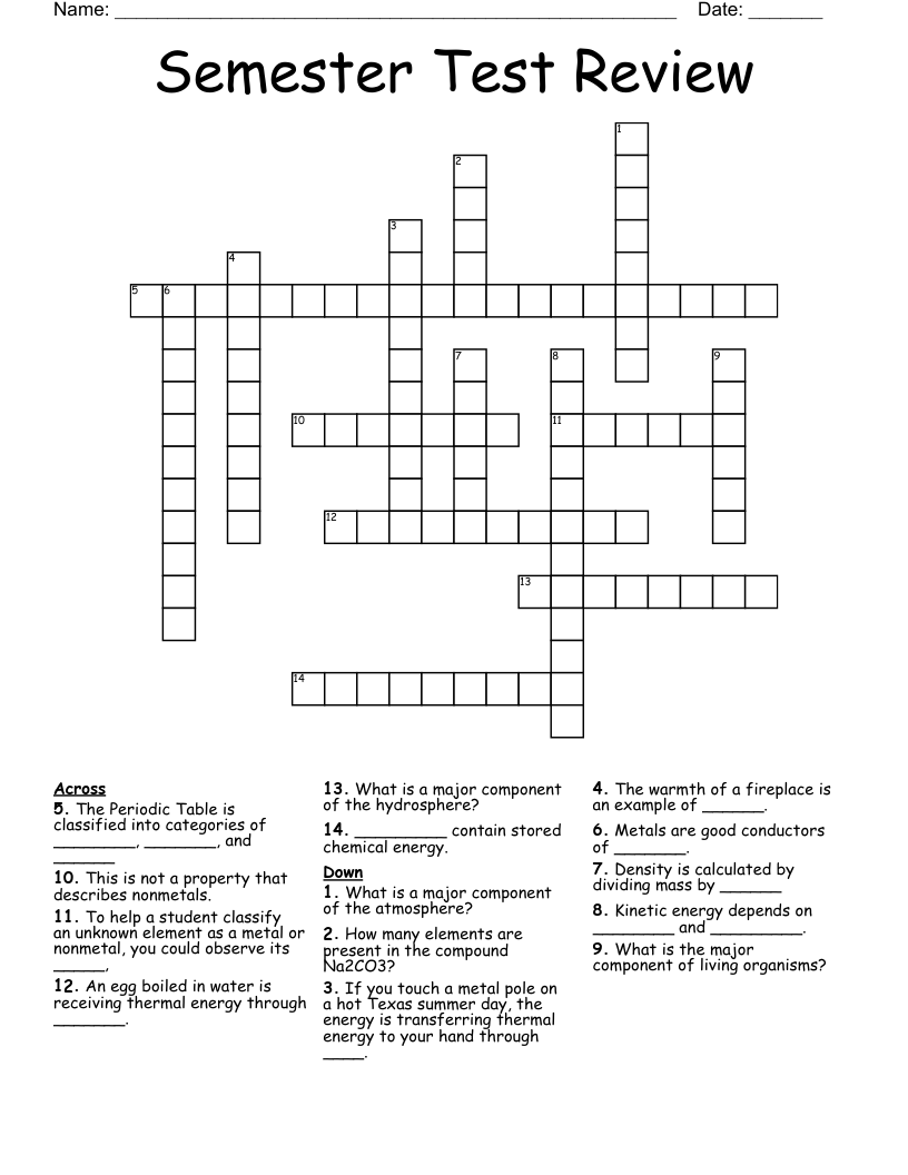Semester Test Review Crossword - WordMint