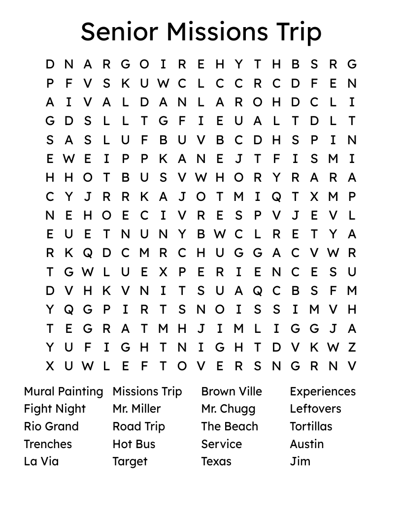 Senior Missions Trip Word Search - WordMint