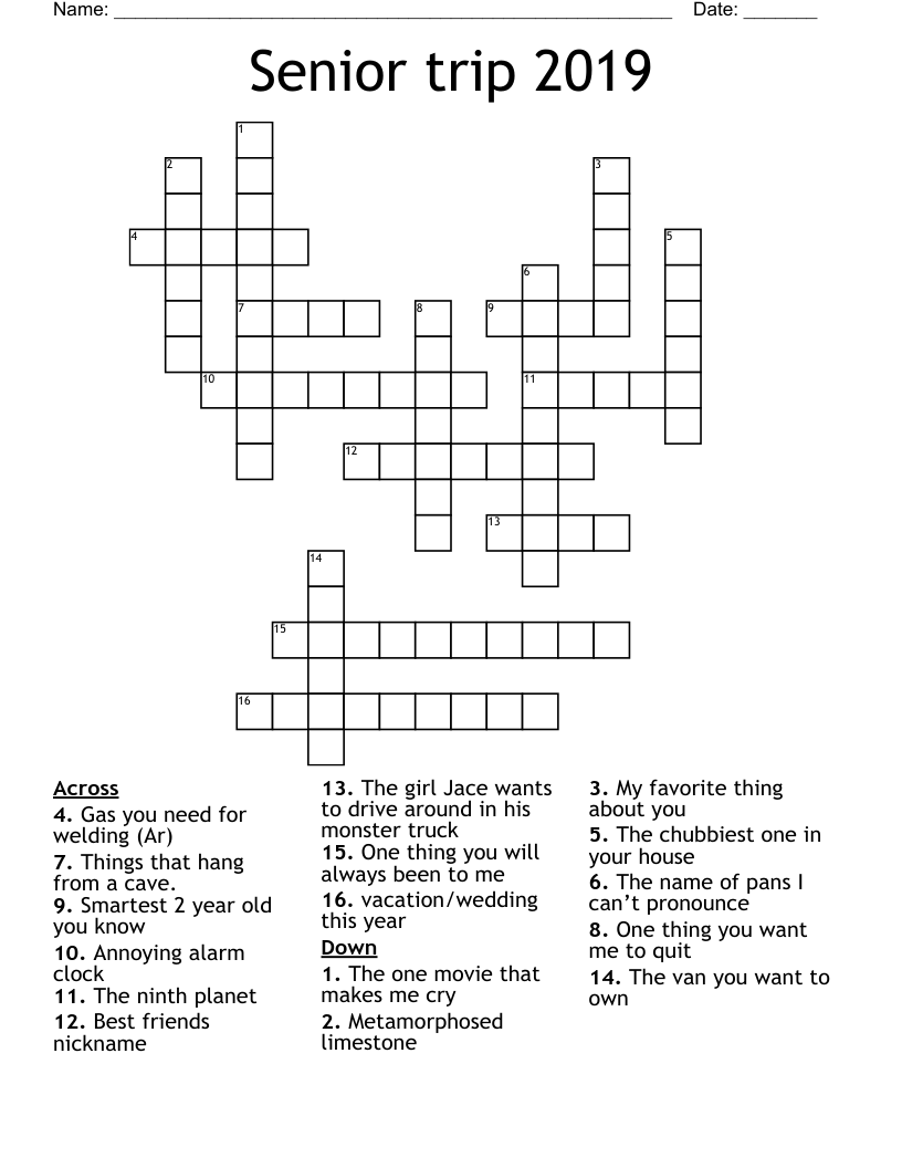 Senior trip 2019 Crossword - WordMint