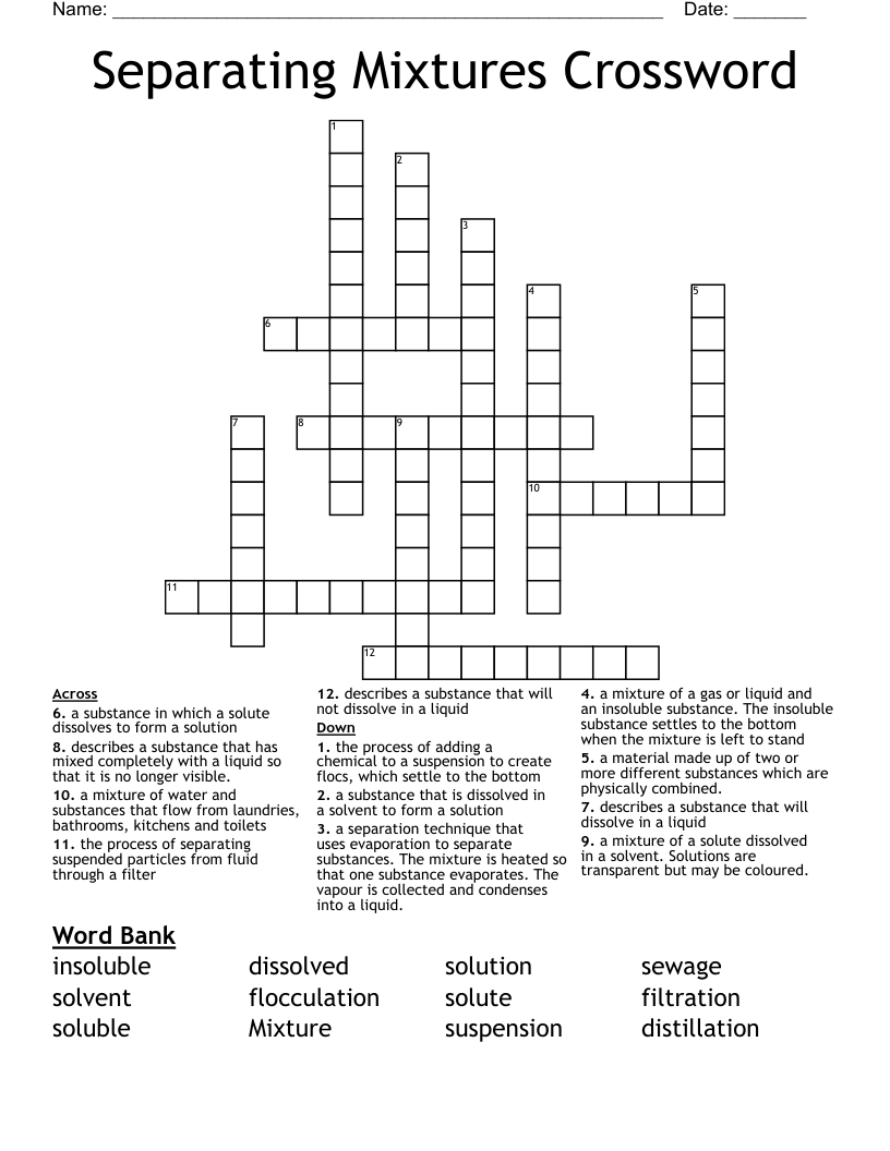 Separating Mixtures Crossword WordMint