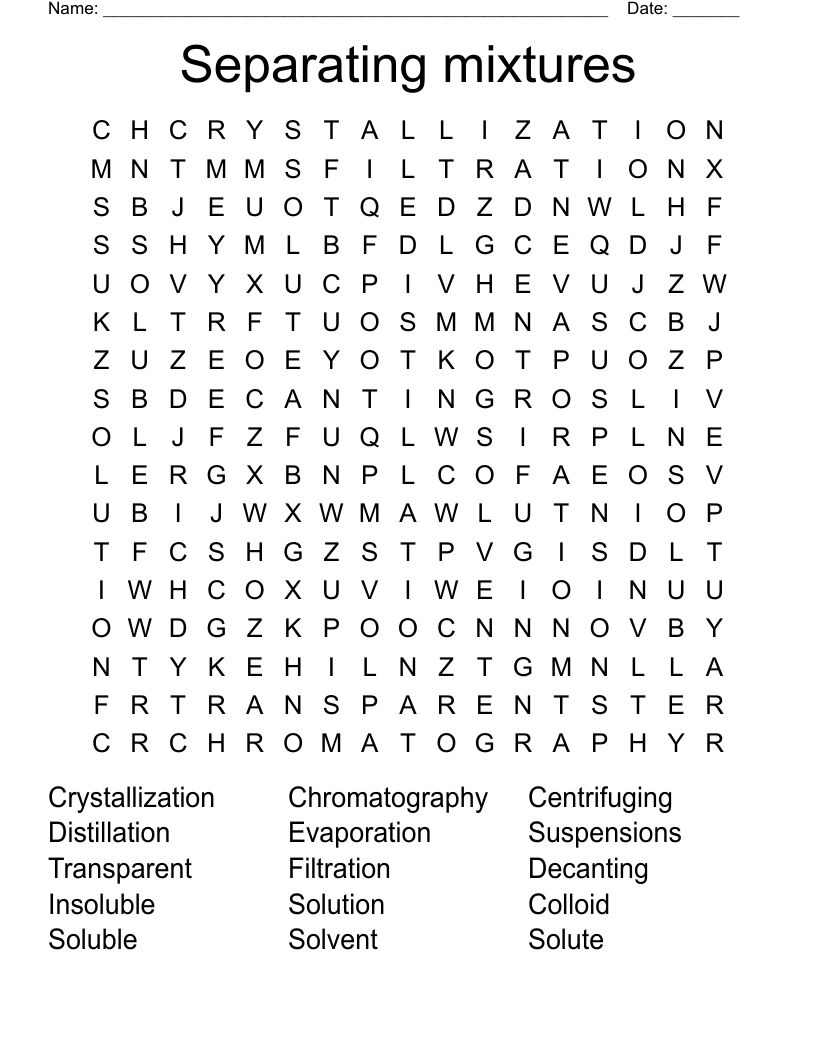 Separating Mixtures Word Search WordMint