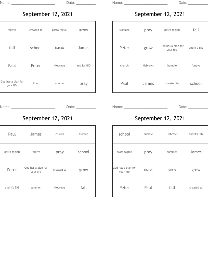 September 12, 2021 Bingo Cards - WordMint