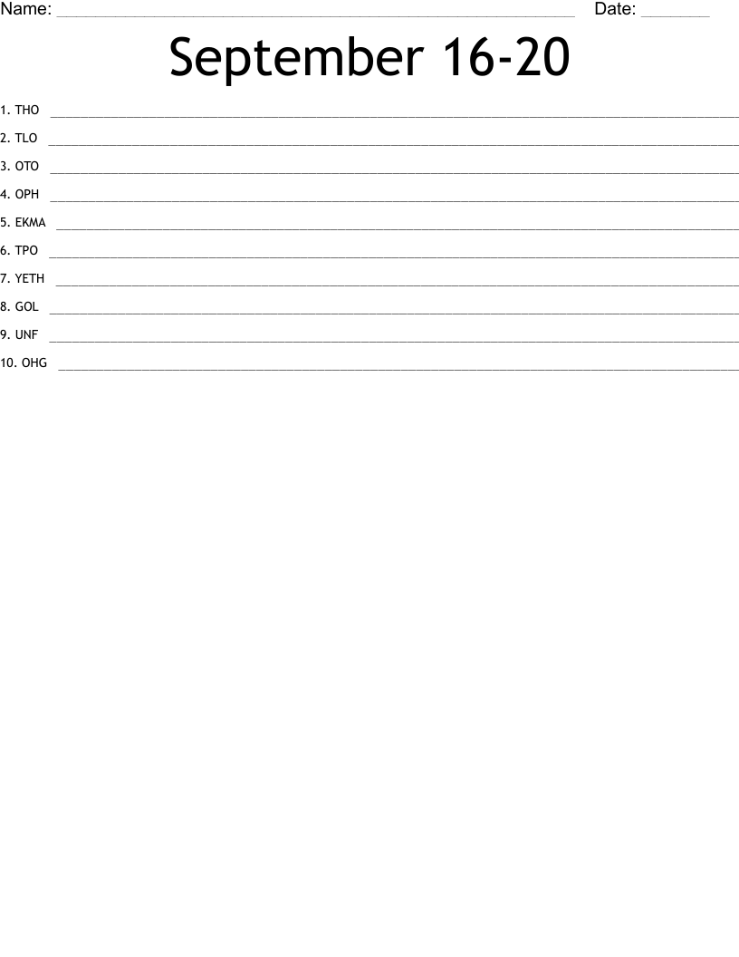 September 16-20 Word Scramble - WordMint