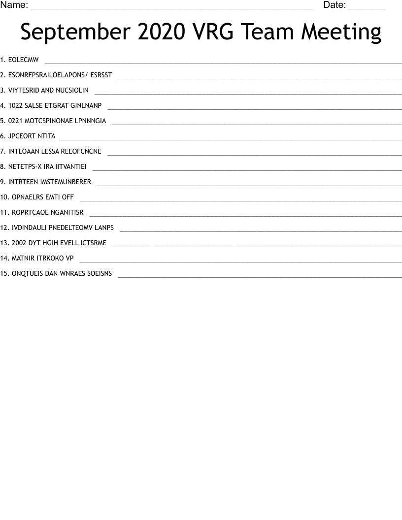 September 2020 VRG Team Meeting Word Scramble - WordMint