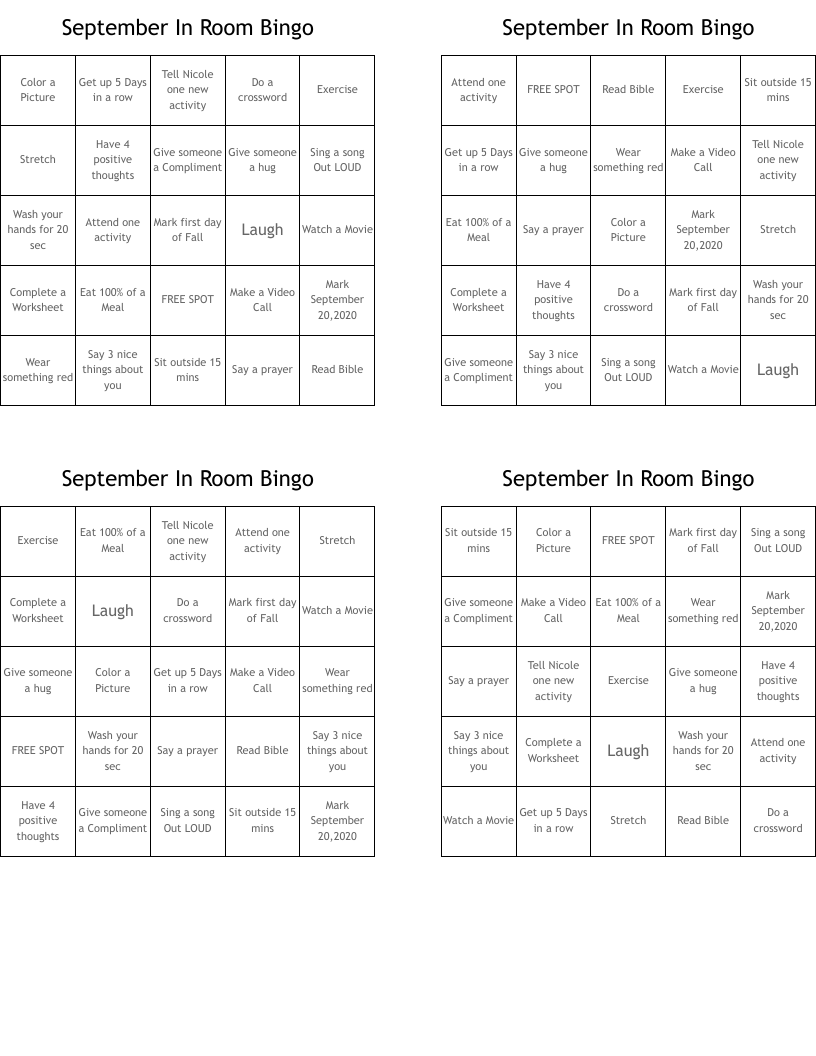 September In Room Bingo - WordMint