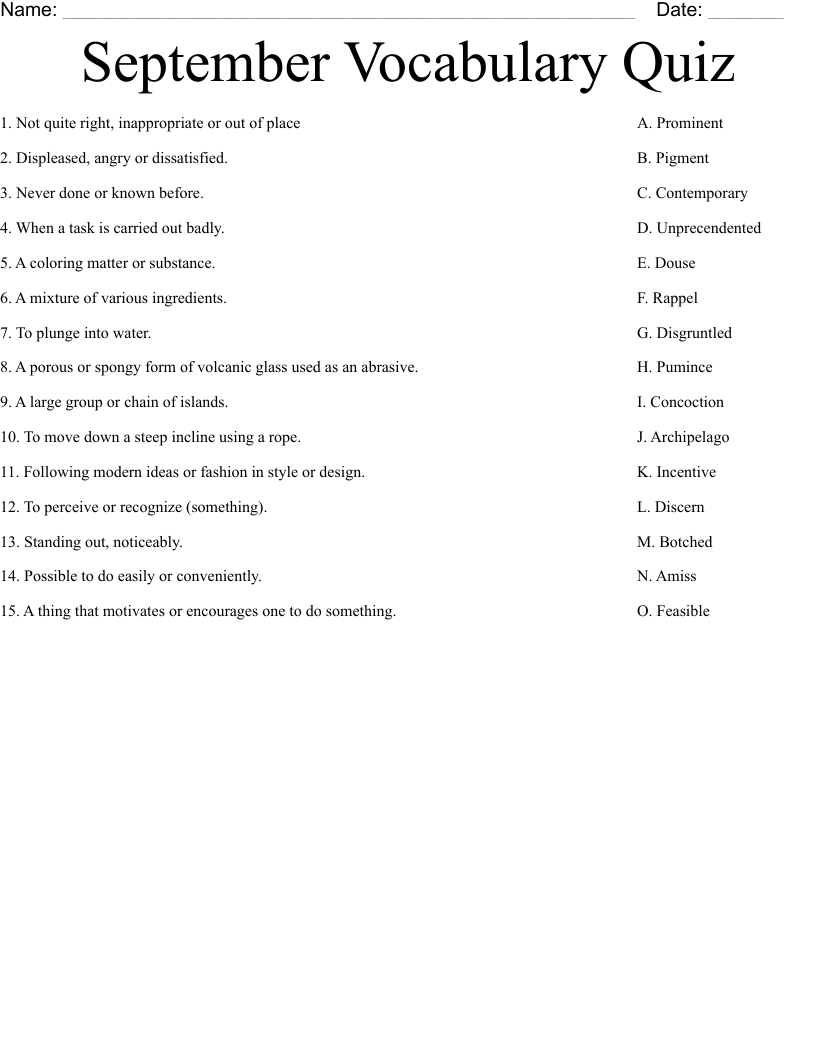 September Vocabulary Quiz Worksheet - WordMint