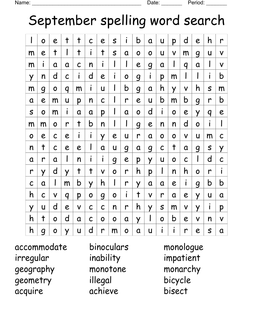 September spelling word search - WordMint
