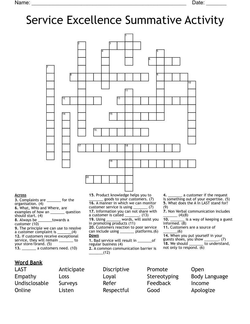 Service Excellence Summative Activity Crossword - WordMint