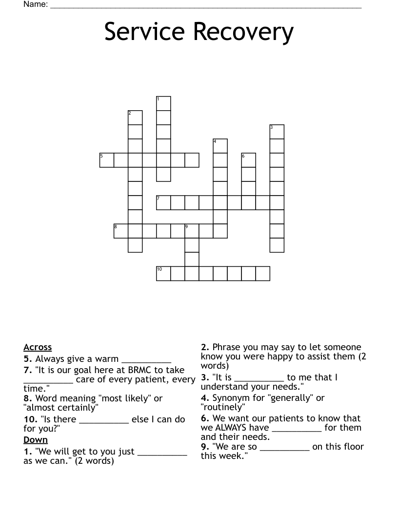 Service Recovery Crossword - WordMint