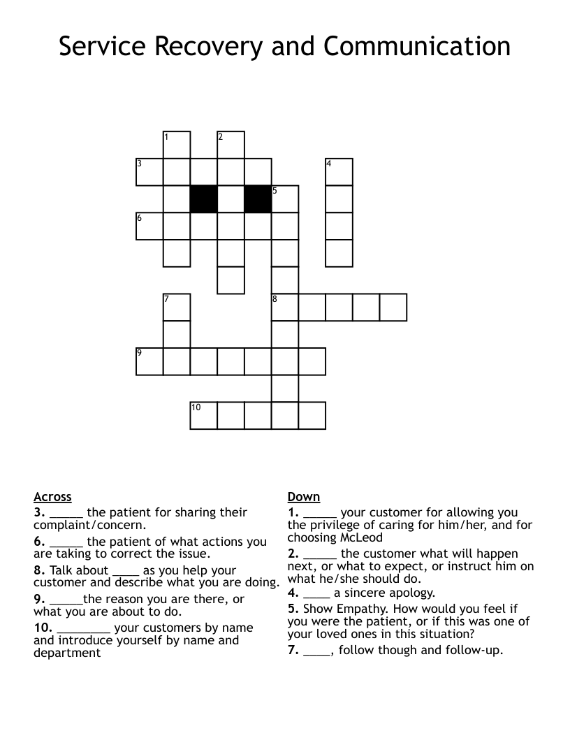 Service Recovery and Communication Crossword - WordMint