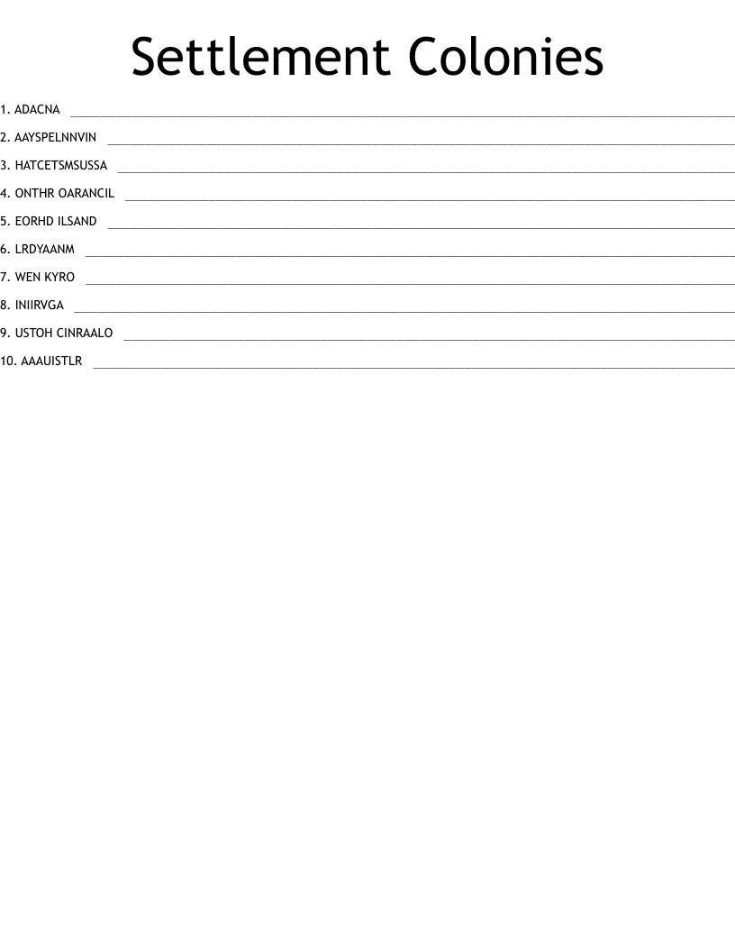 Settlement Colonies Word Scramble - WordMint