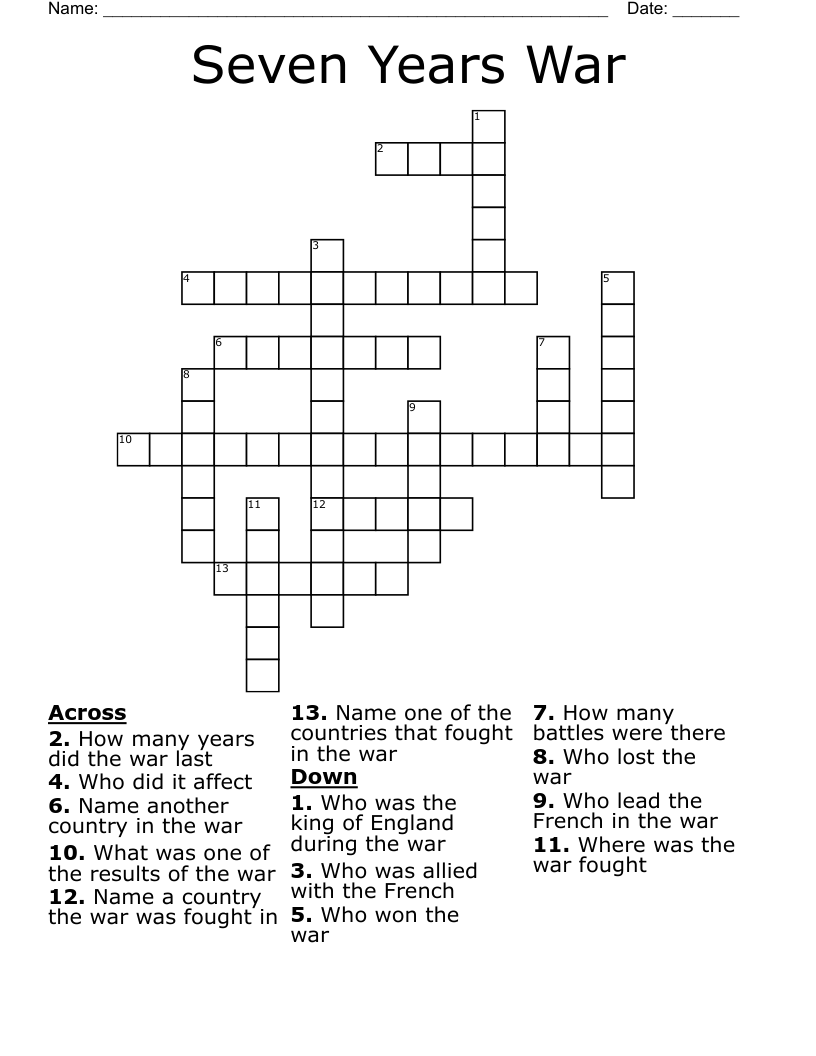 Seven Years War Crossword - WordMint