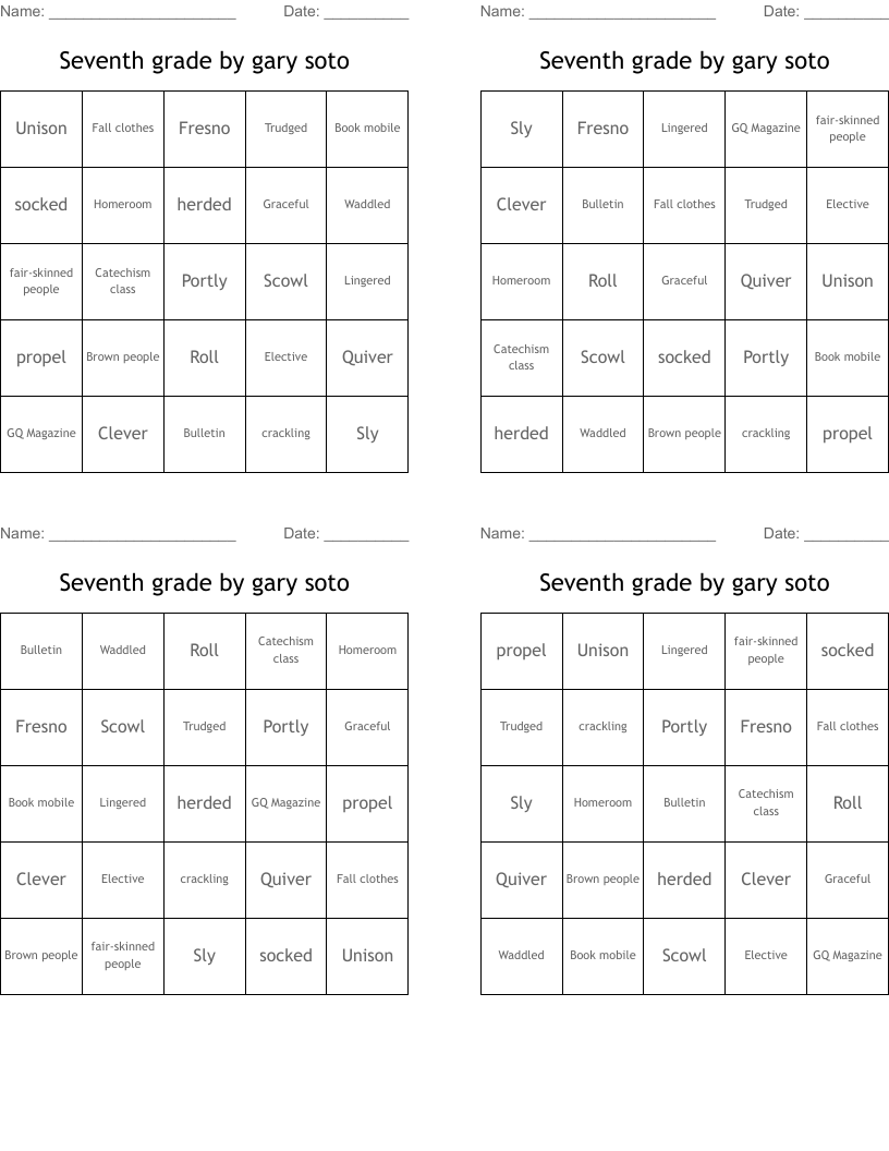 Seventh Grade By Gary Soto Word Search WordMint