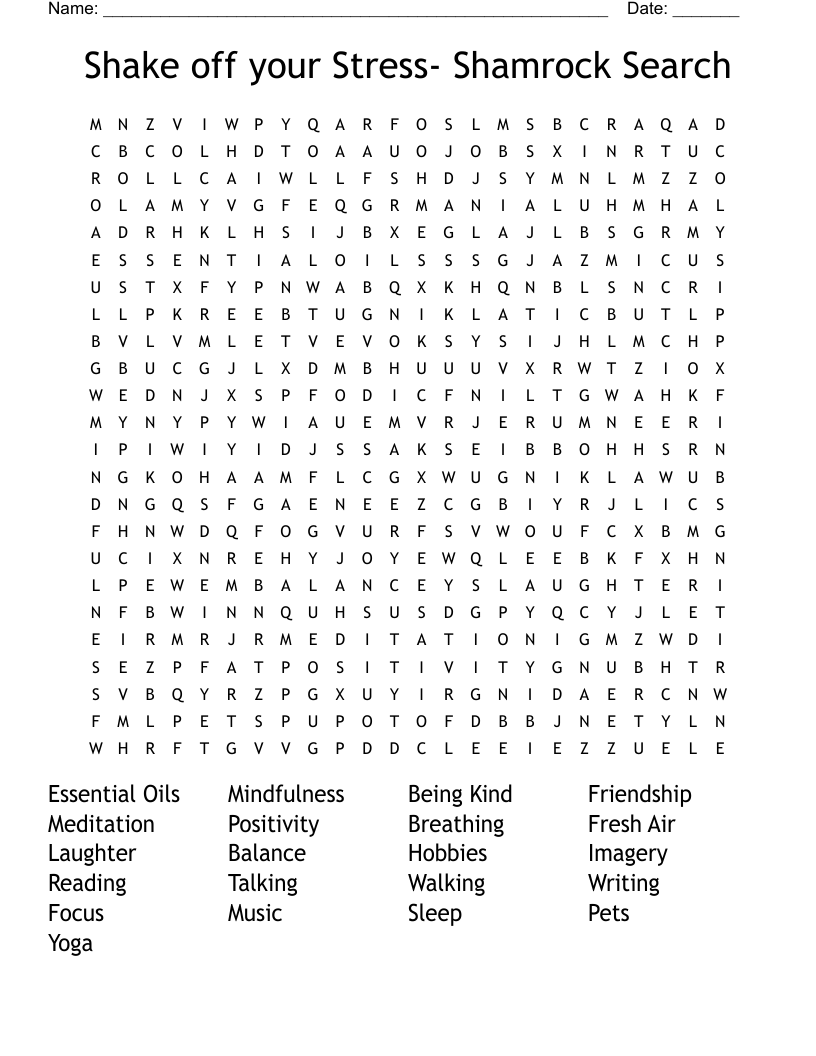 Shake Off Your Stress Shamrock Search Word Search WordMint
