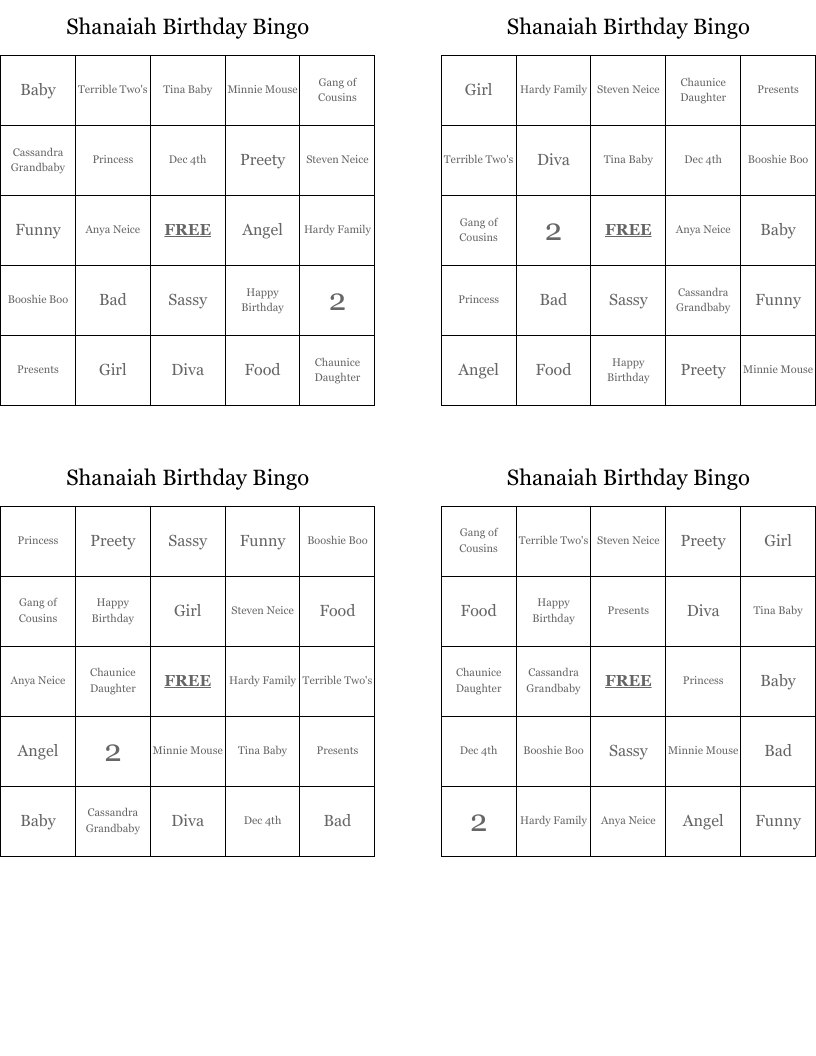 Shanaiah Birthday Bingo - WordMint