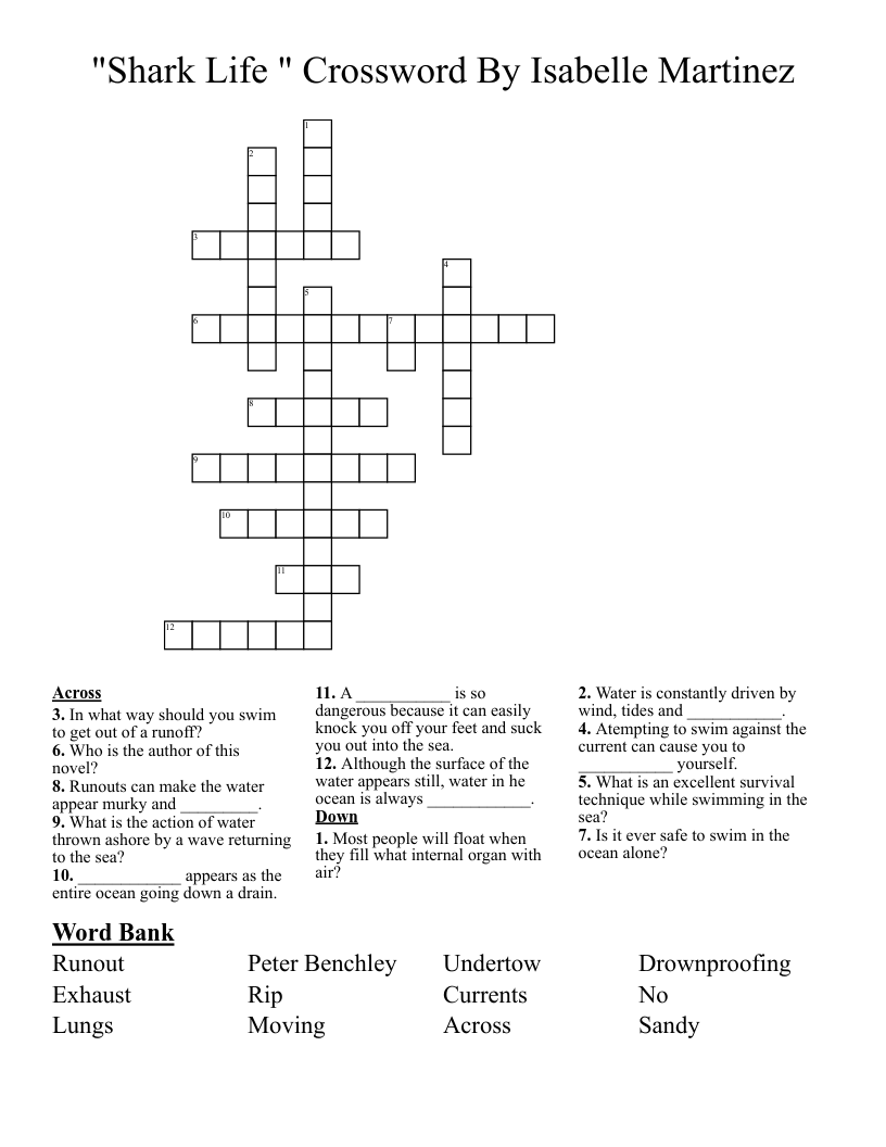 "Shark Life " Crossword By Isabelle Martinez - WordMint