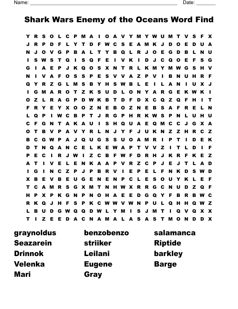 Shark Wars Enemy of the Oceans Word Find Word Search - WordMint