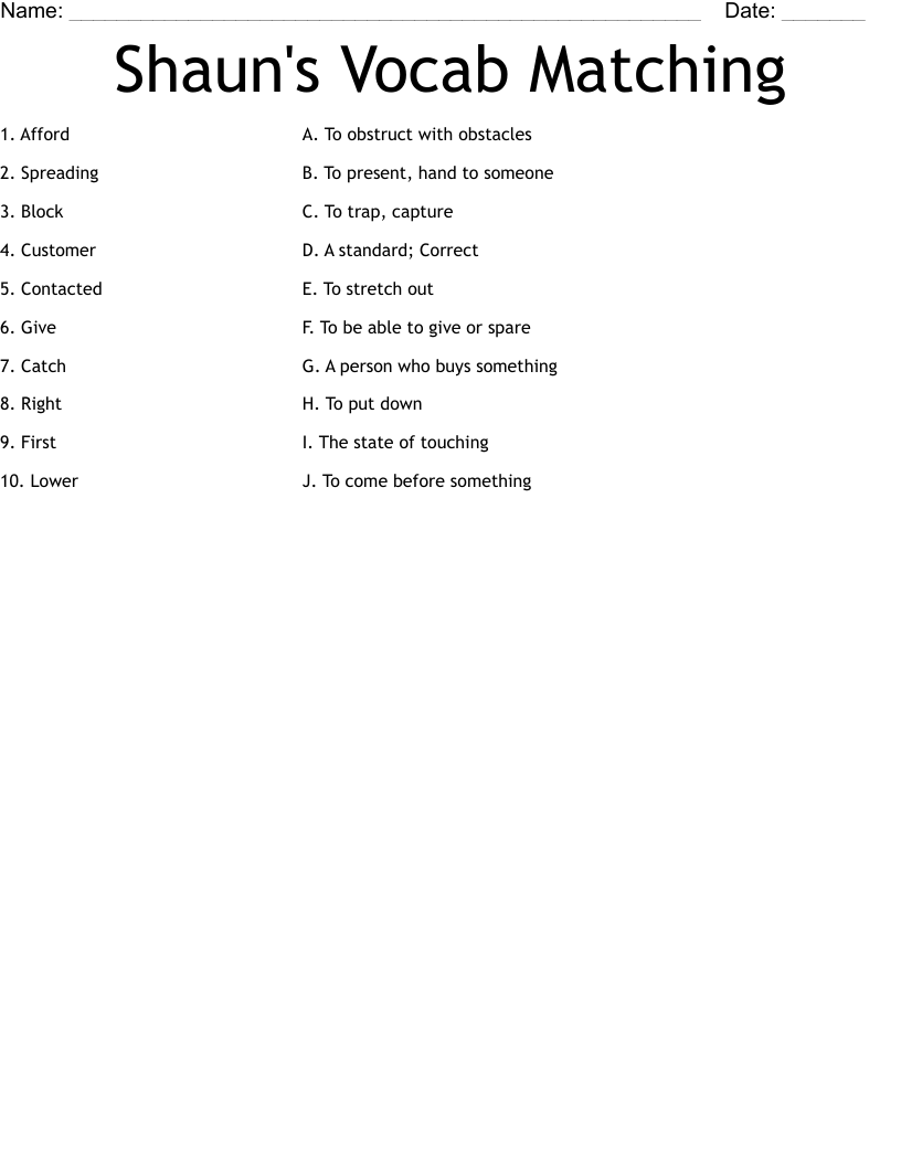 Shaun's Vocab Matching Worksheet - WordMint