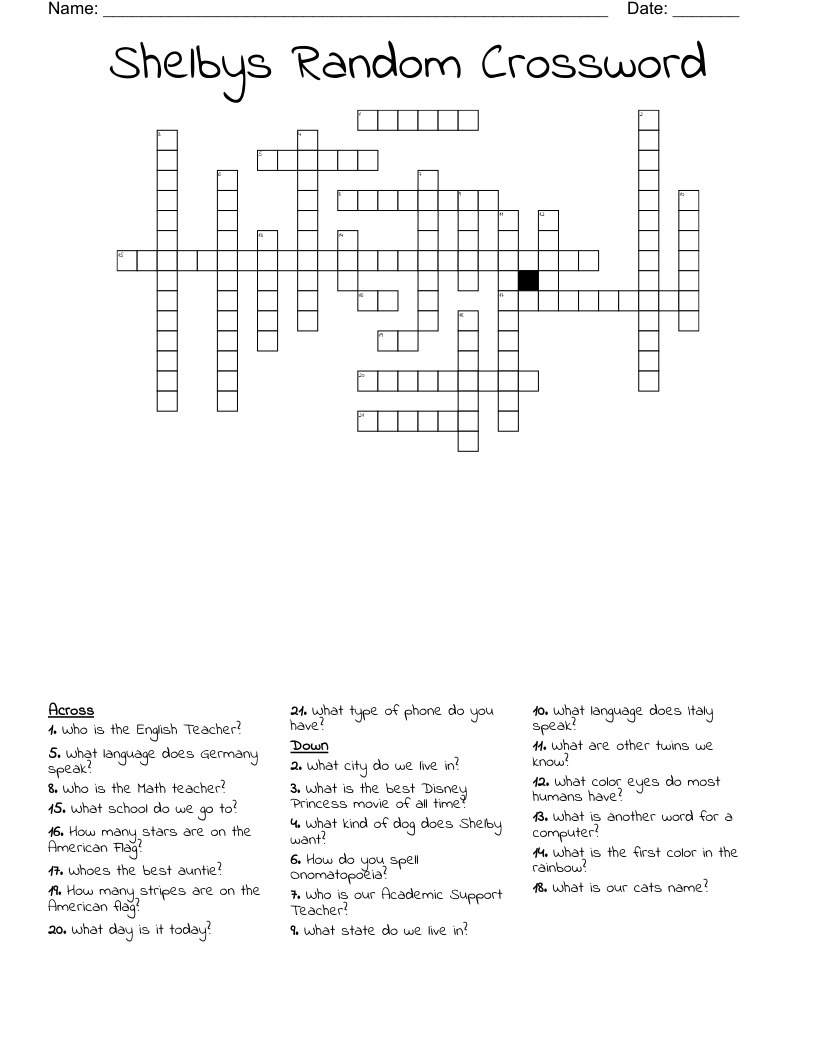 Shelbys Random Crossword - WordMint