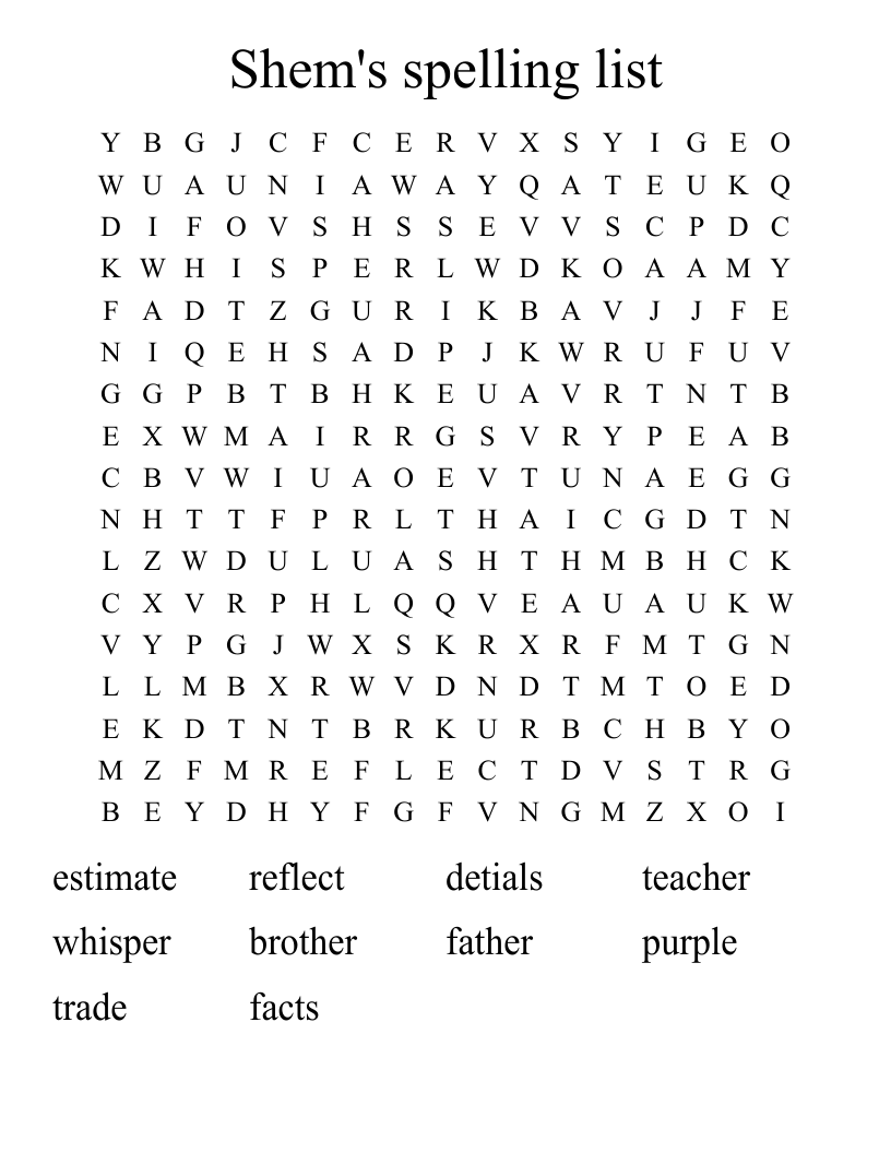 Shem's spelling list Word Search - WordMint