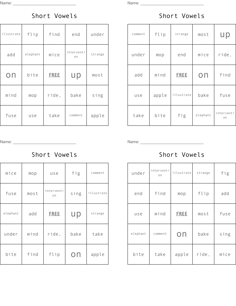 Short Vowels Bingo Cards - WordMint