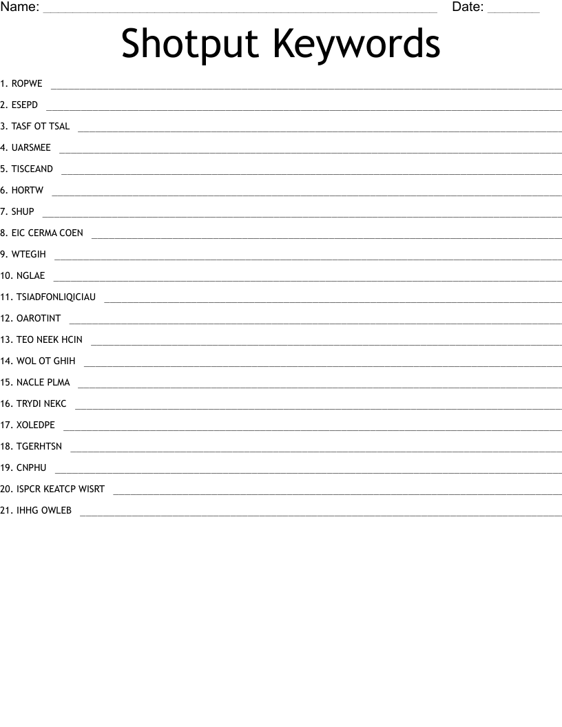 Shotput Keywords Word Scramble - WordMint
