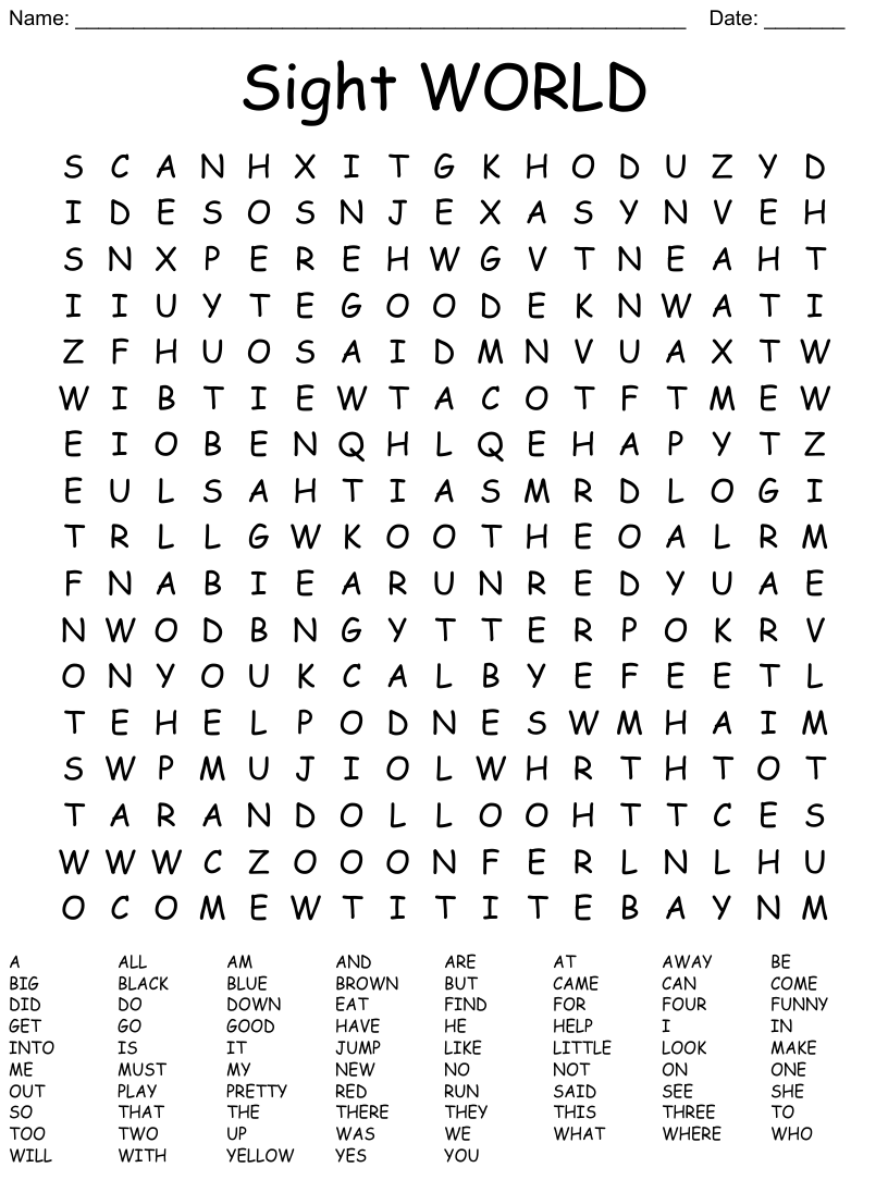 Kindergarten Sight Words Word Search - WordMint