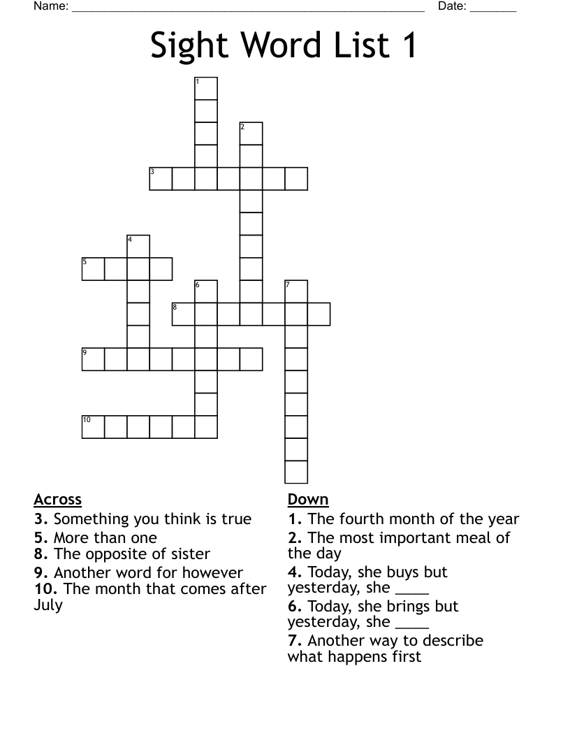 Sight Word List 1 Crossword - WordMint