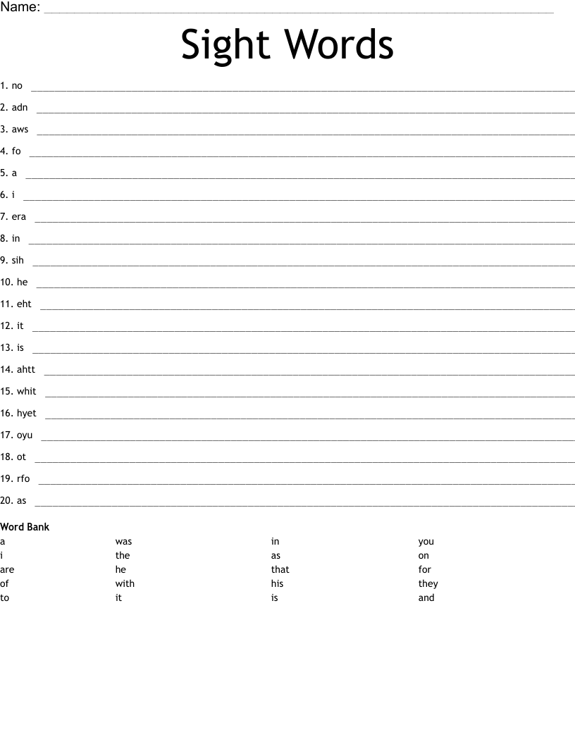 Sight Words Word Scramble - WordMint
