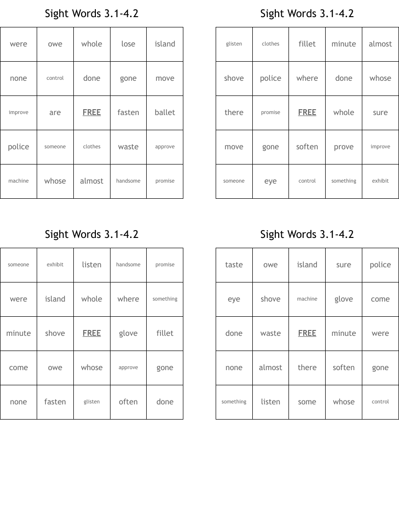 Sight Words 3.1-4.2 Bingo Cards - WordMint