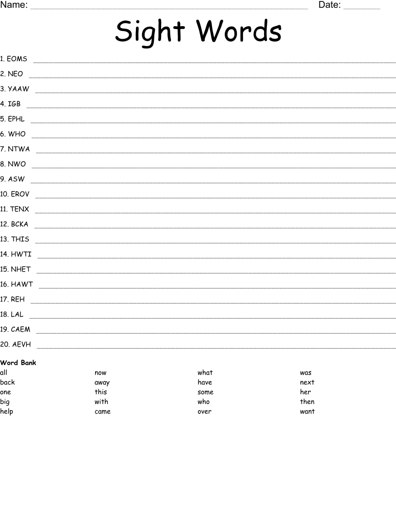 Sight Words Word Scramble - WordMint