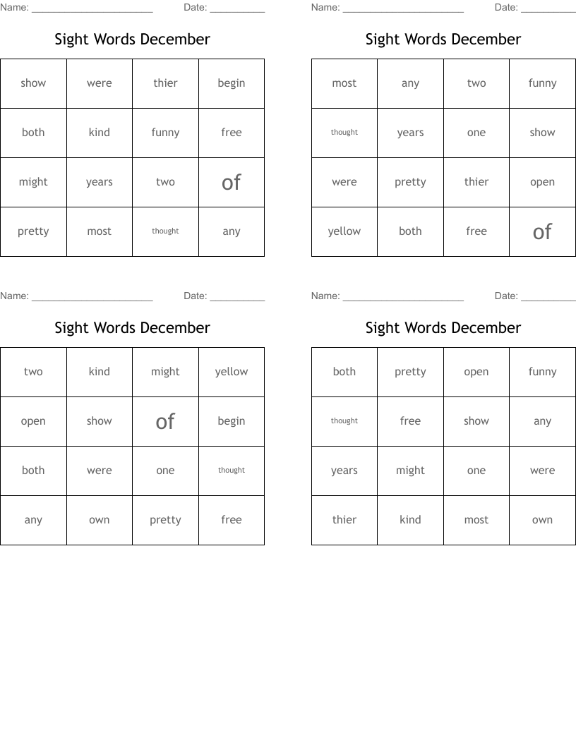 Sight Words December Bingo Cards - WordMint