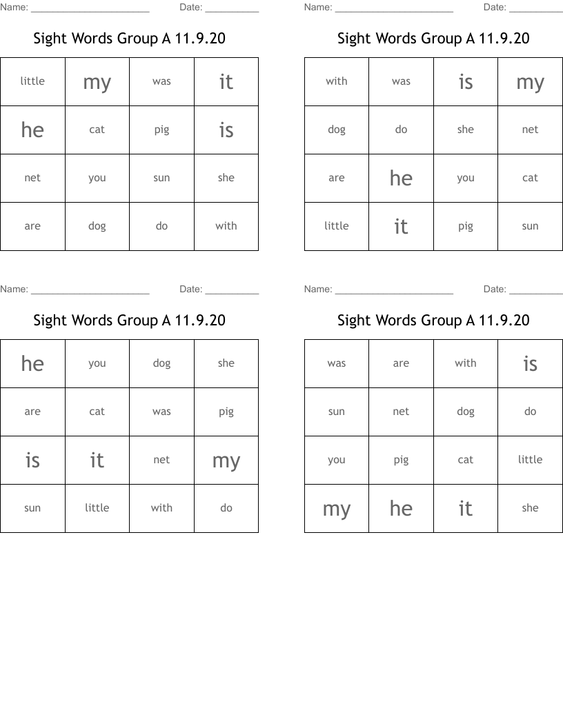 Sight Words Group A 11.9.20 Bingo Cards - WordMint