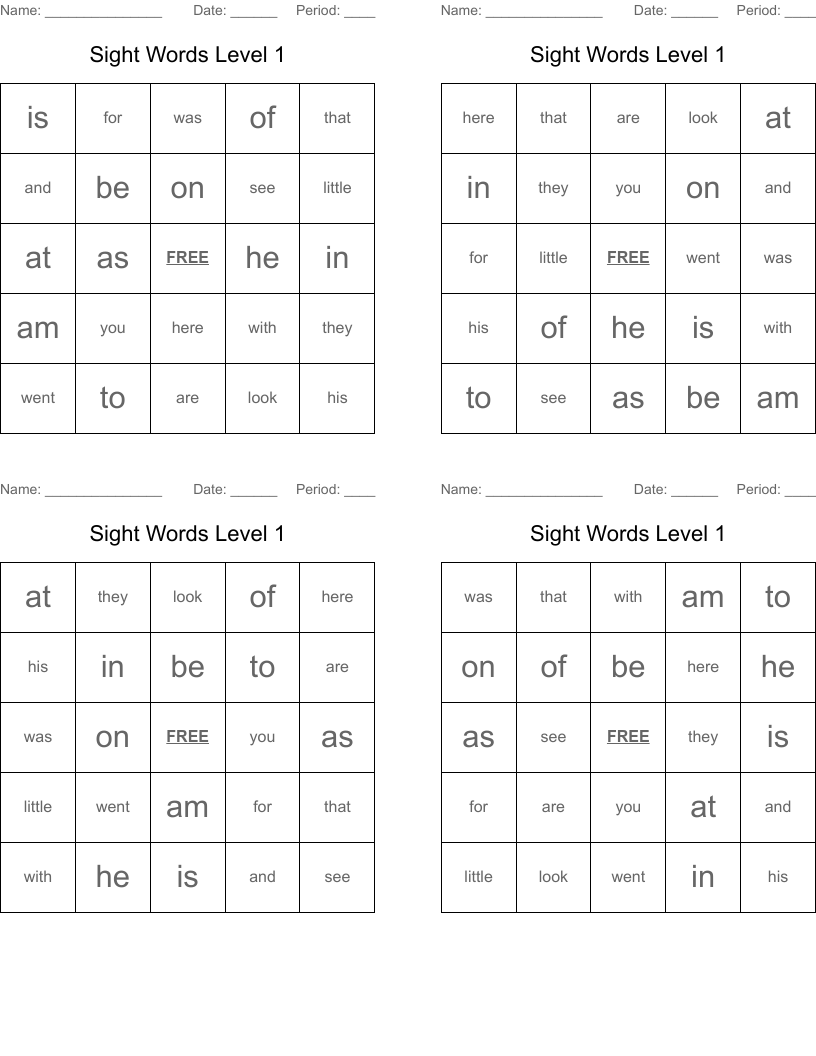 Sight Words Level 1 Bingo Cards - WordMint