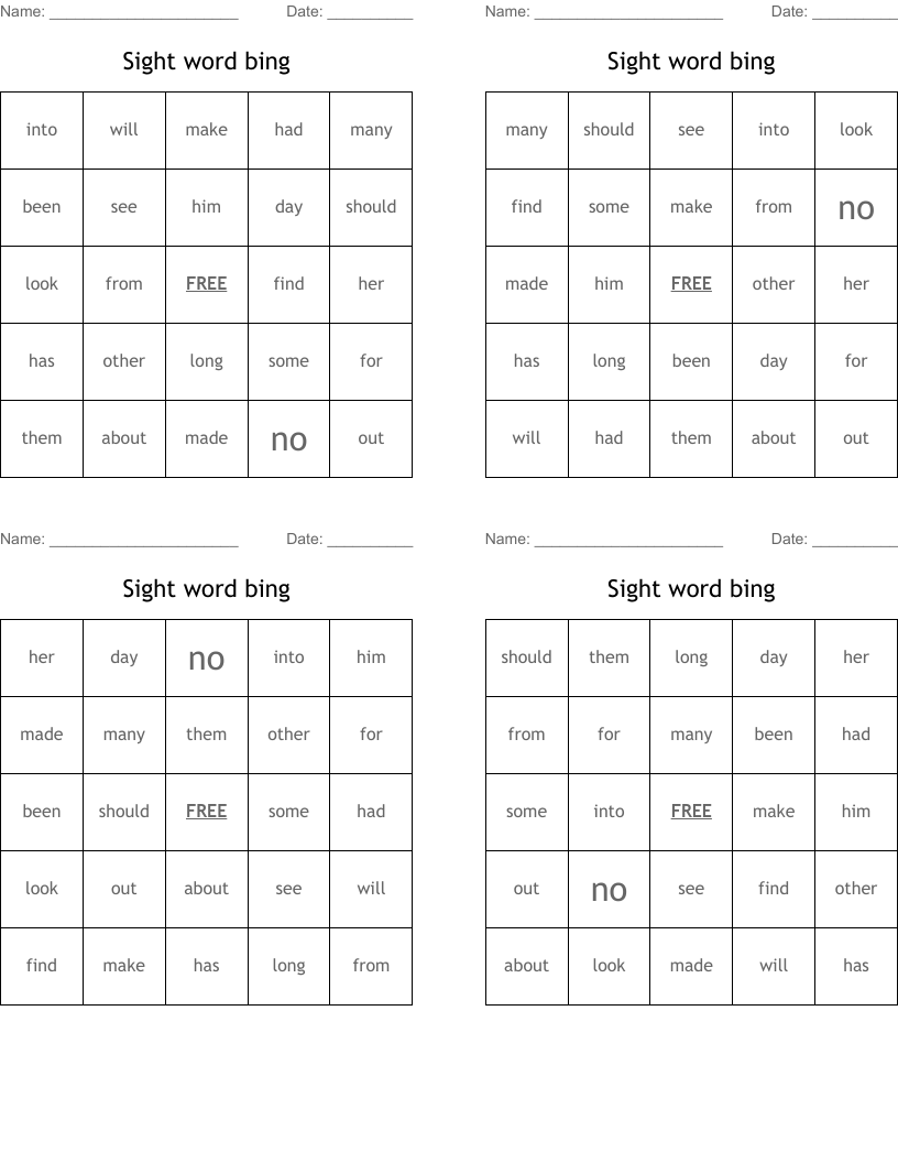 Sight word bing Bingo Cards - WordMint