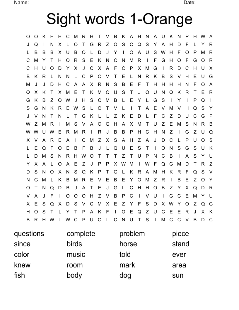Sight Words 1 Orange Word Search WordMint