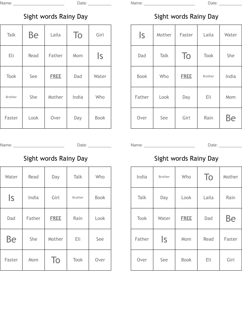 Sight words Rainy Day Bingo Cards - WordMint
