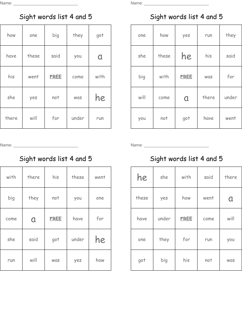 Sight words list 4 and 5 Bingo Cards - WordMint