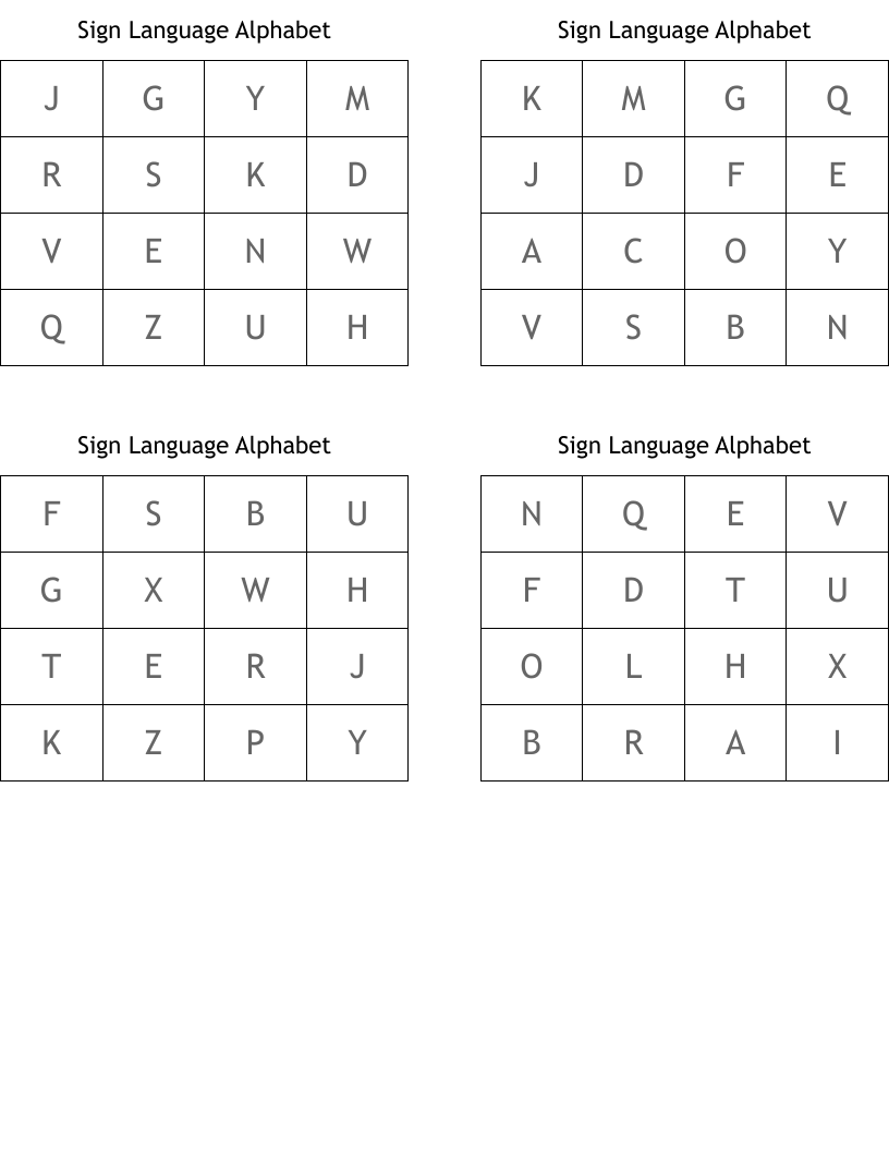 Sign Language Alphabet Bingo Cards - WordMint