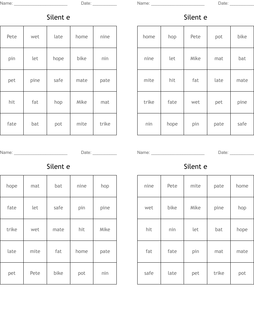 Silent e Bingo Cards - WordMint