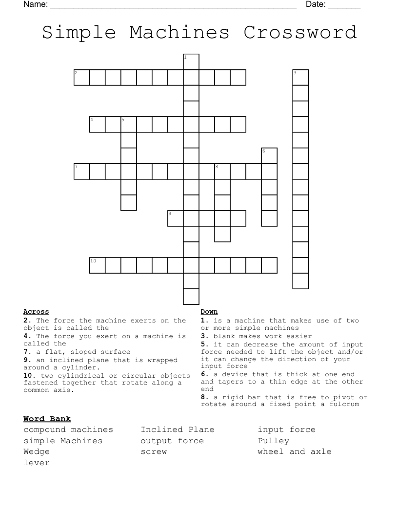 Simple Machines Crossword WordMint