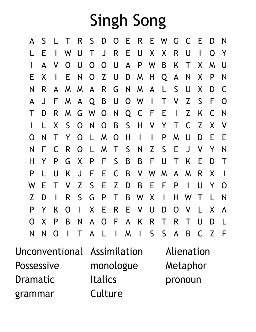 Singh Song Word Search - WordMint