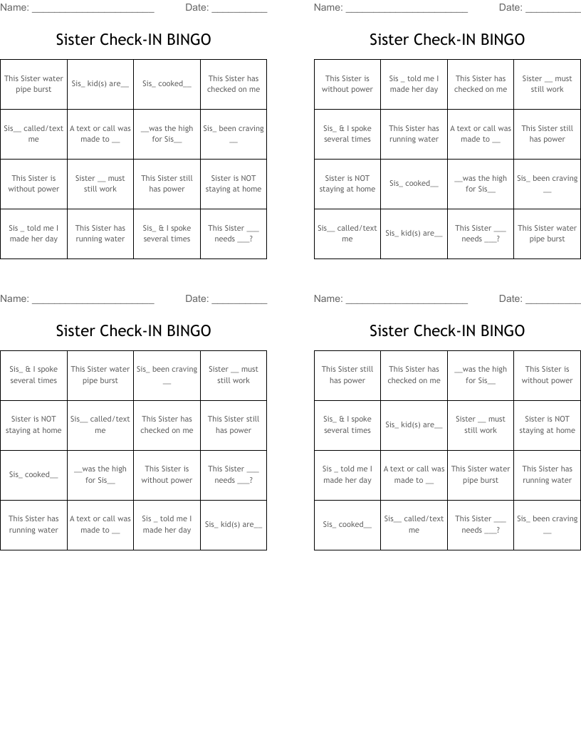 Sister Check-IN BINGO - WordMint