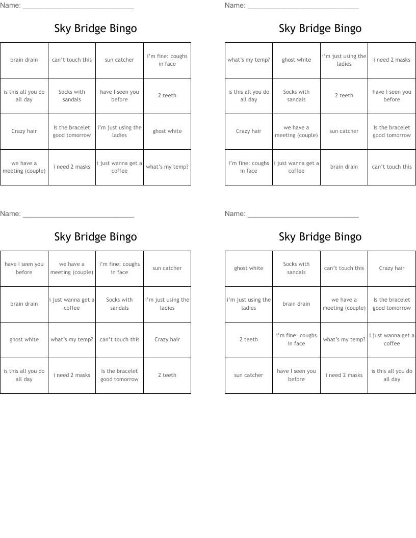 Sky Bridge Bingo - WordMint