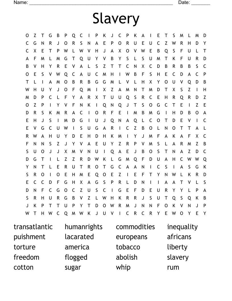 Slavery Word Search - WordMint